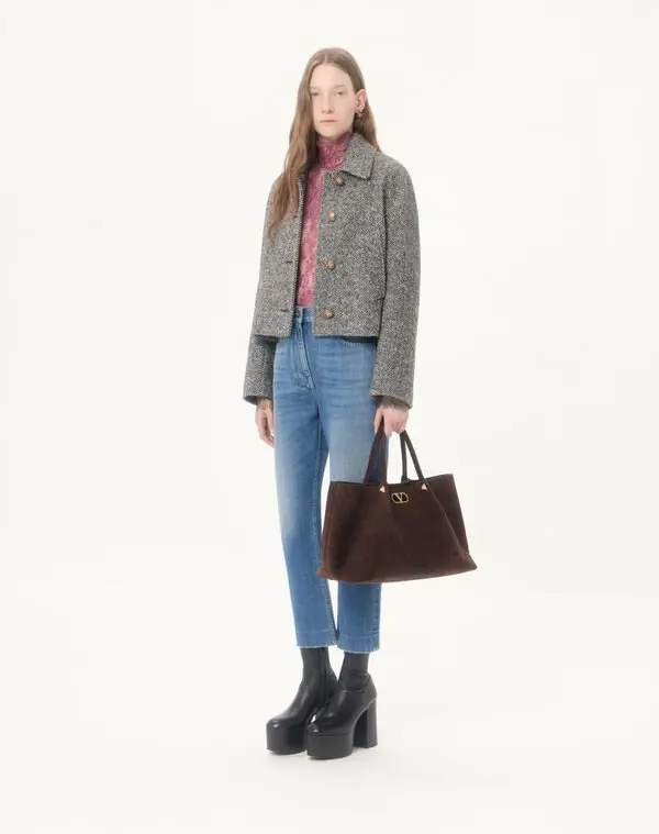 Valentino Garavani Large Shopping Bag In Soft Suede With Maxi Studs - Ebony