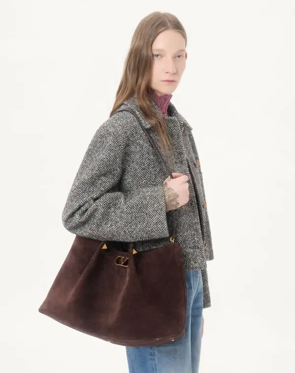Valentino Garavani Large Shopping Bag In Soft Suede With Maxi Studs - Ebony