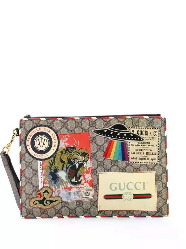 Gucci Gg Coated Canvas Applique Clutch Bag - Brown