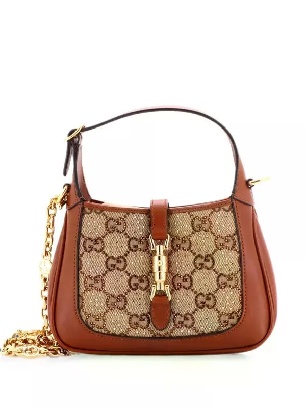 Gucci Jackie 1961 Chain Crystal Embellished Gg Canvas Mini Hobo Bag - Brown
