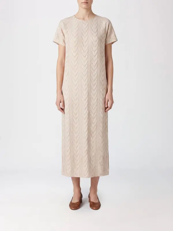 MEIMEIJ Crêpe Midi Tunic With Crew Neck And Sequin Appliqu - Brown