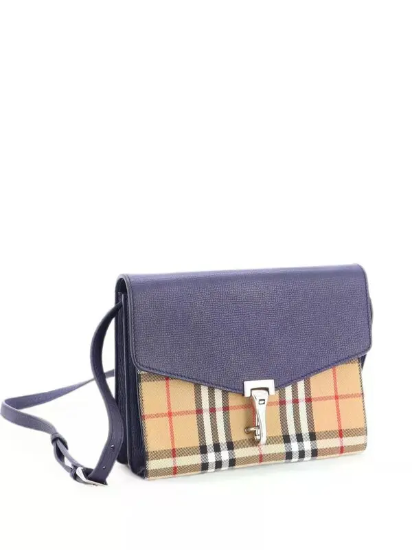 Burberry Macken Small Crossbody Bag In Leather And Vintage Check Canvas - Blue