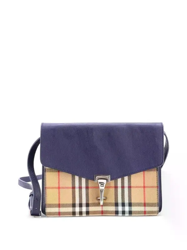Burberry Macken Small Crossbody Bag In Leather And Vintage Check Canvas - Blue