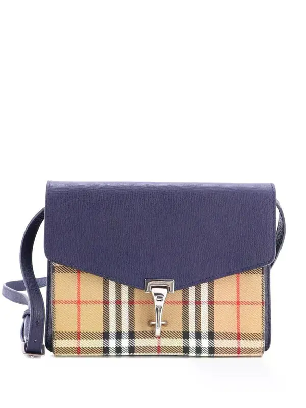 Burberry Macken Small Crossbody Bag In Leather And Vintage Check Canvas - Blue