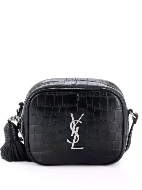 Saint Laurent Monogram Crocodile Embossed Leather Small Crossbody Bag - Black