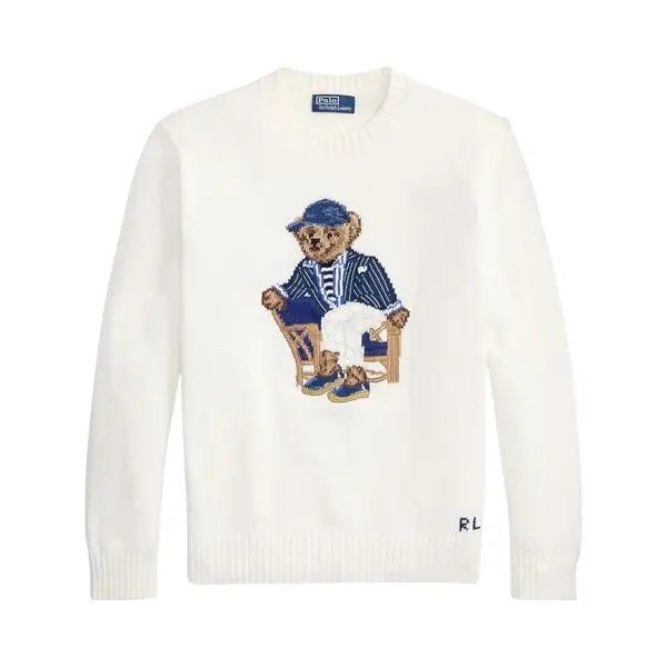 Polo Ralph Lauren Linen Cotton Novelty Newport Bear Crewneck Sweater 'deckwash - White