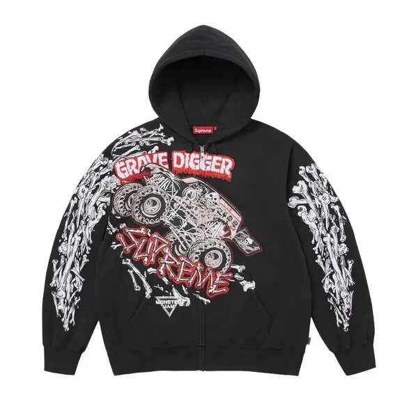 Supreme Monster Jam Grave Digger Bones Zip Up Hooded Sweatshirt - Black