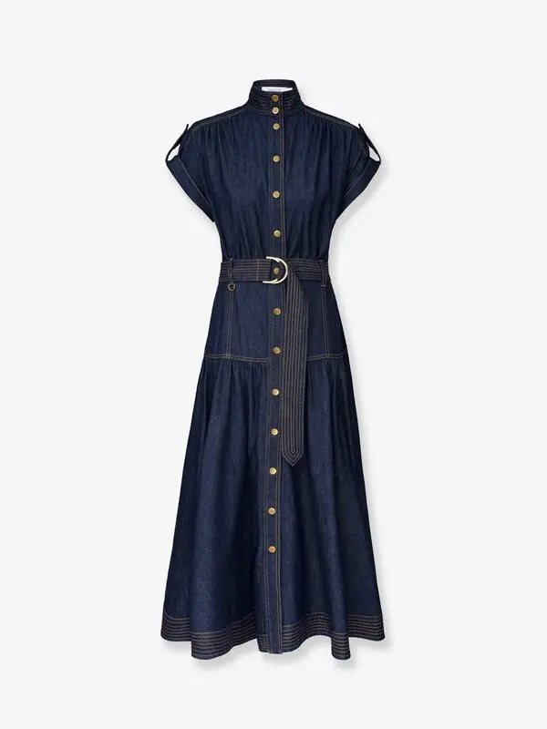 Zimmermann Long Denim Dress With High Collar And Snap-button Closure - Multicolor