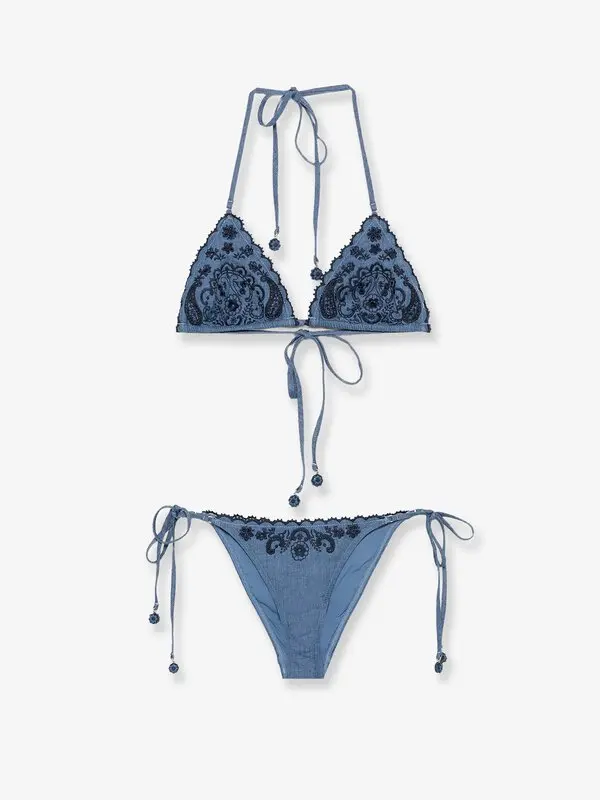 Zimmermann Aster Denim Bikini With All-over Embroidery - Blue