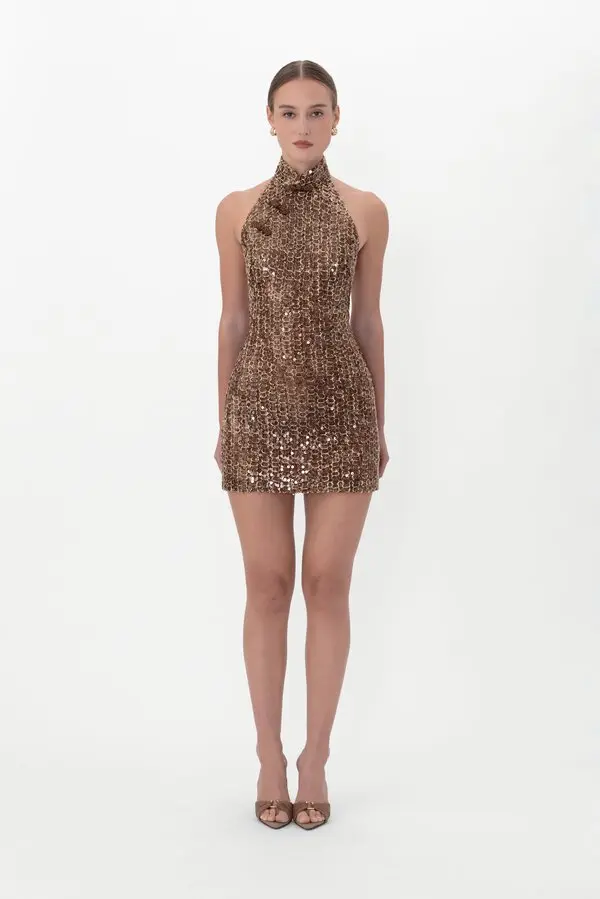SAU LEE Jacqui Sequin Mini Dress - Mocha