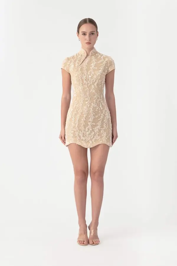 SAU LEE Lori Beaded Mini Dress - Silver Beige