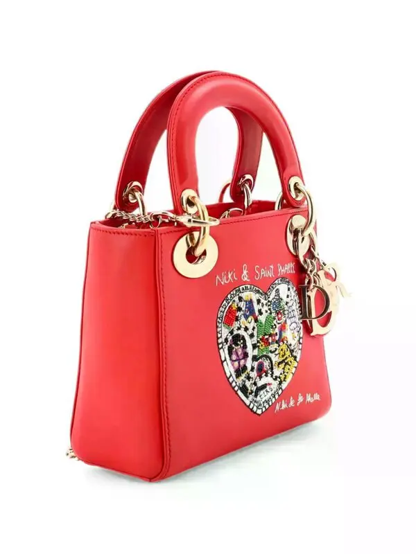 Dior Lady Chain Bag Limited Edition Embroidered Leather Mini Tote - Red