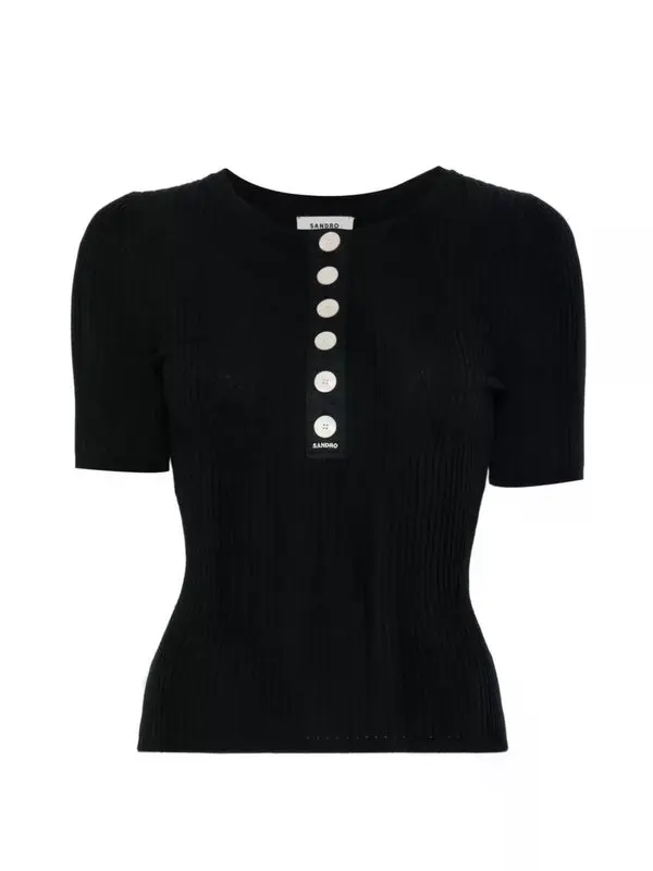 Sandro Ribbed Knit V-neck Button-placket Top