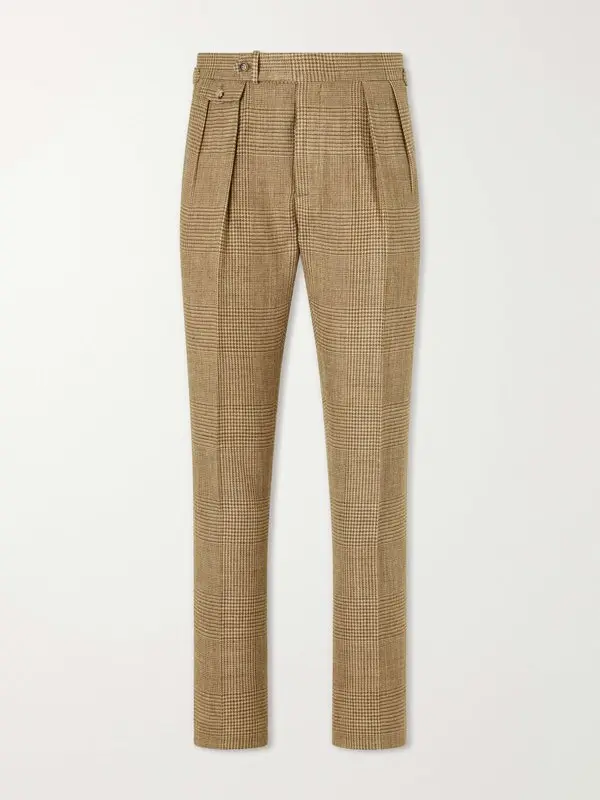 Polo Ralph Lauren Straight-leg Pleated Houndstooth Linen, Silk And Wool-blend Trousers - Beige