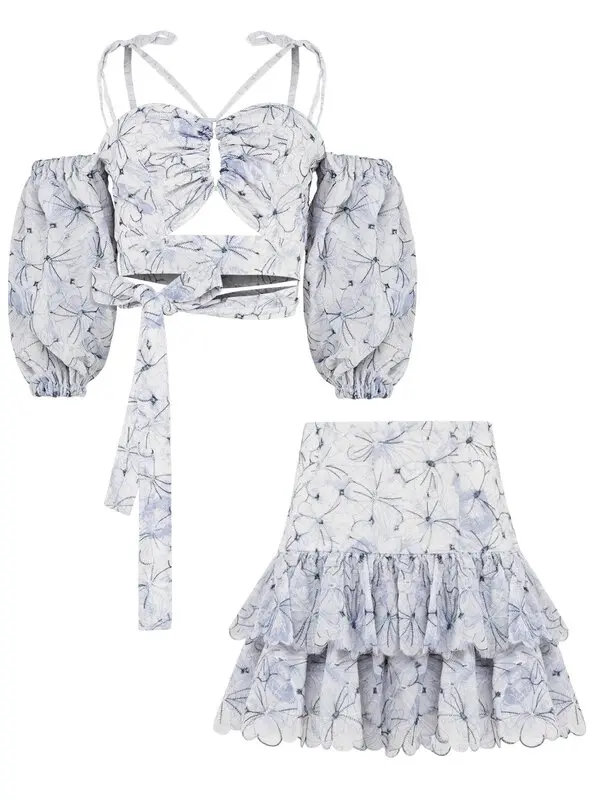 TIA DORRAINE Blue / White Self-tie Crop Top & Mini Skirt Georgette Set - Blue/white
