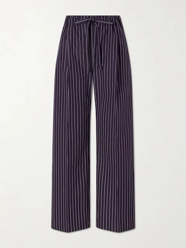 Another Tomorrow Striped Cotton-poplin Drawstring Straight-leg Pants - Blue
