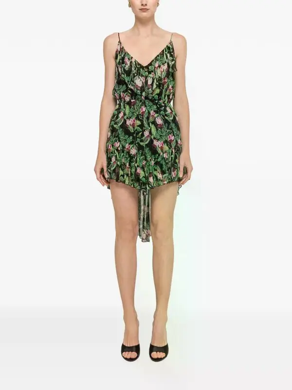 NISSA Printed Chiffon Asymmetric Mini Dress - Black
