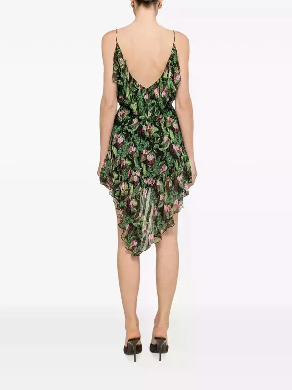 NISSA Printed Chiffon Asymmetric Mini Dress - Black