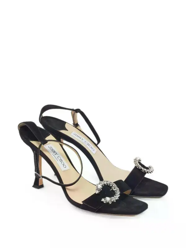 JIMMY CHOO Suede Crystal Embellished Square Toe High Heel Sandals