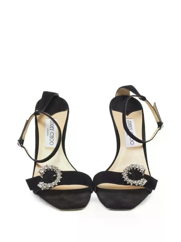 JIMMY CHOO Suede Crystal Embellished Square Toe High Heel Sandals