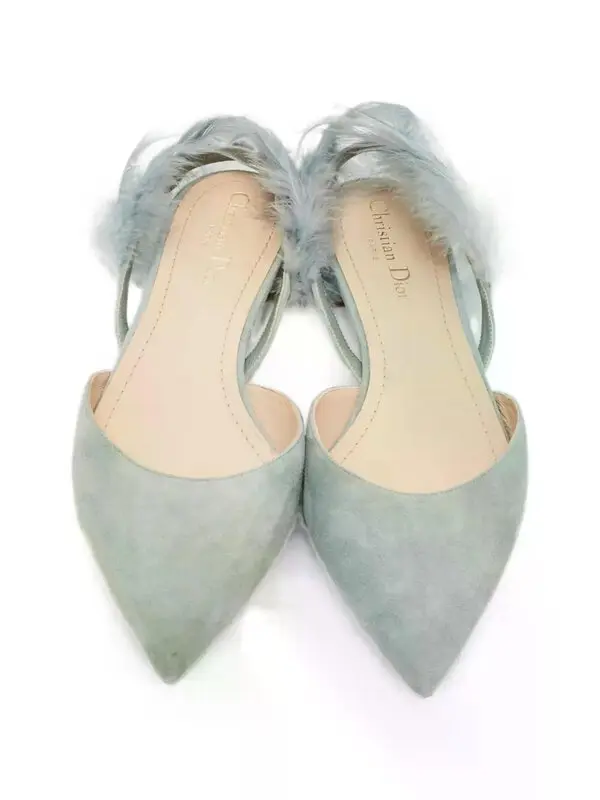 Dior Suede Feather Trim Slingback Flat Pumps