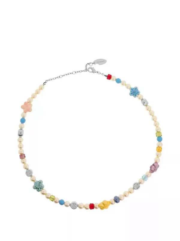 Off-White Flower Detail Beaded Necklace - Silver