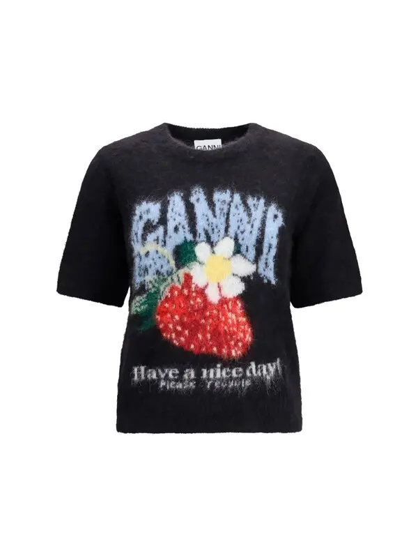 GANNI Alpaca And Wool-blend T-shirt With Strawberry Motif - Black