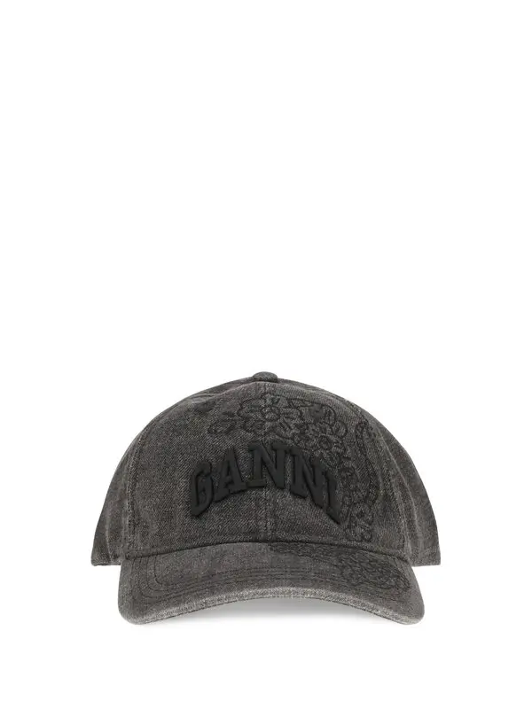 GANNI Embroidered Denim Baseball Cap - Gray