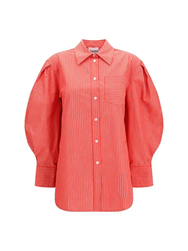 GANNI Striped Cotton Shirt With Balloon Sleeves - Red