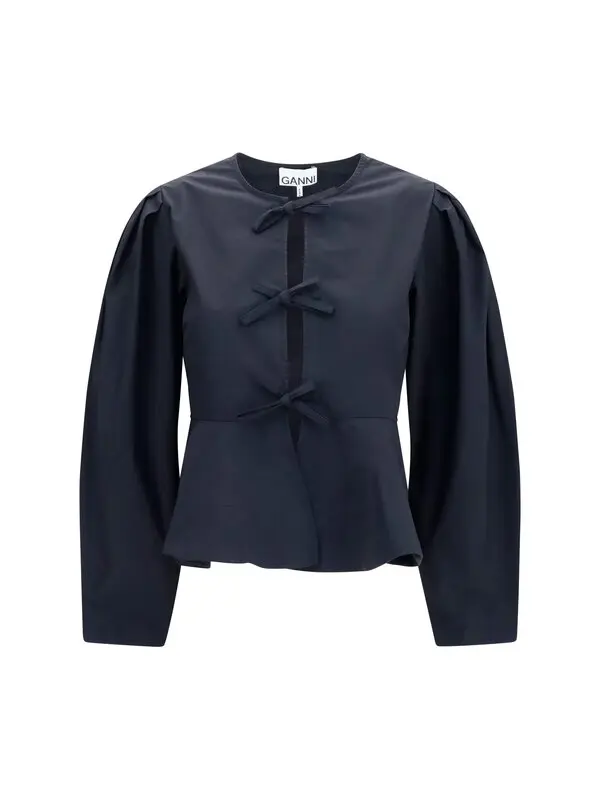 GANNI Cotton Poplin Blouse With Bow Detail - Black