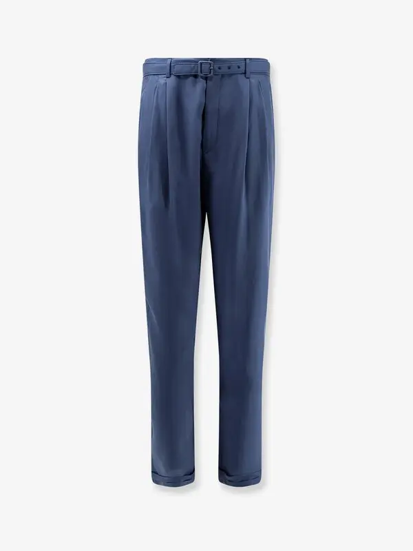 Saint Laurent Silk Trousers With Belt In Blue - Multicolor