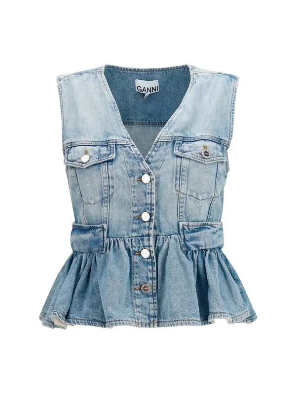GANNI Lightweight Denim Peplum Vest - Blue