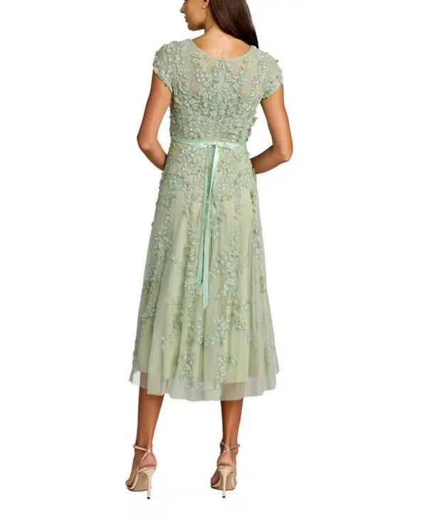 Mac Duggal Embellished Floral Cap Sleeve Midi Dress - Sage
