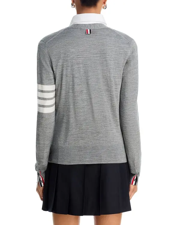 Thom Browne V-neck Wool Cardigan With Signature Stripes - Light Grey