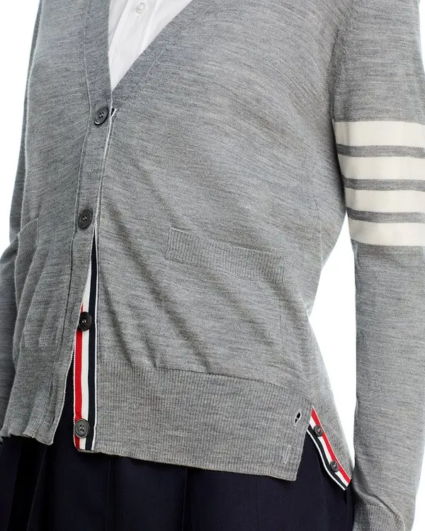 Thom Browne V-neck Wool Cardigan With Signature Stripes - Light Grey