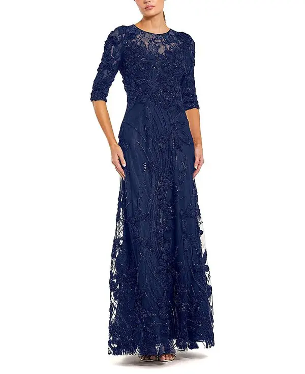 Mac Duggal Petite Embroidered High Neck A-line Gown