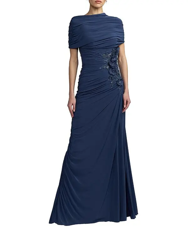 Mac Duggal Embellished Jersey Draped Column Gown - Sapphire
