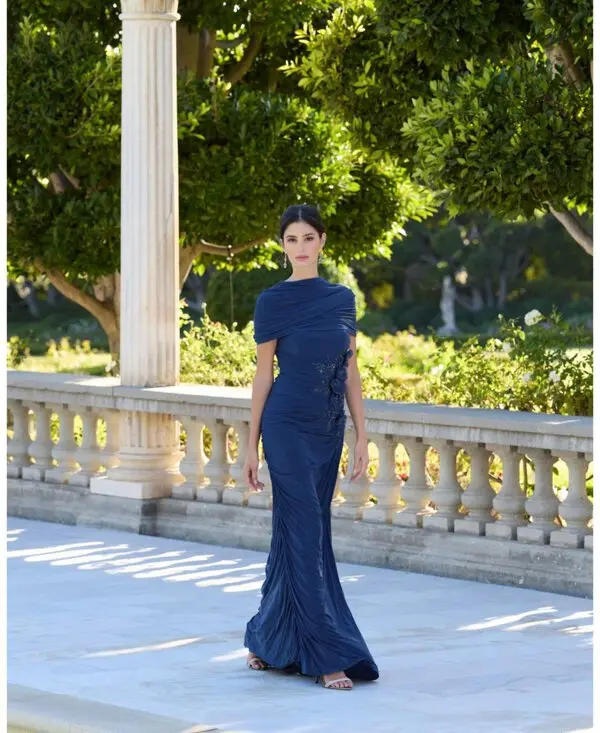 Mac Duggal Embellished Jersey Draped Column Gown