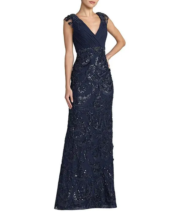 Mac Duggal Petite Floral Beaded Chiffon V-neck Evening Gown - Midnight
