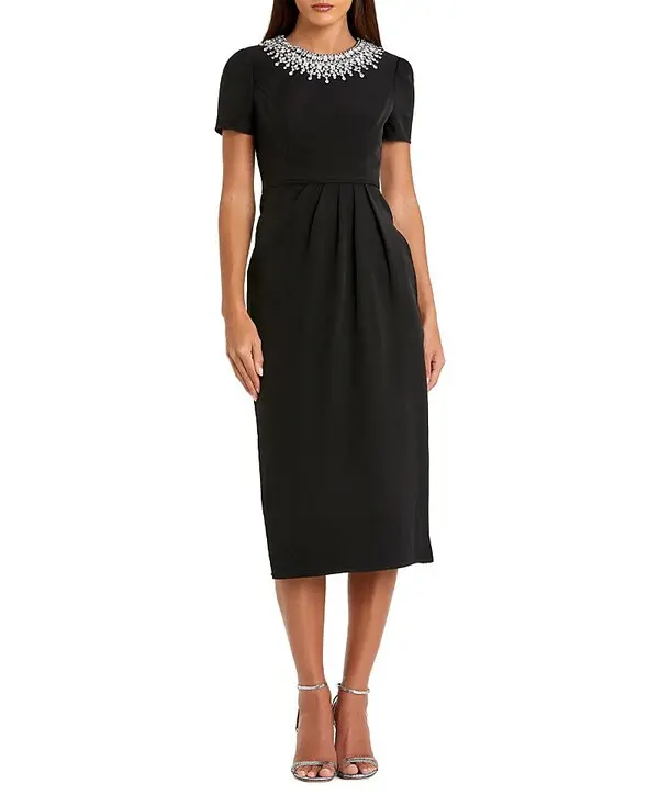 Mac Duggal Petite Short Sleeve Rhinestone Neckline Midi Dress - Black