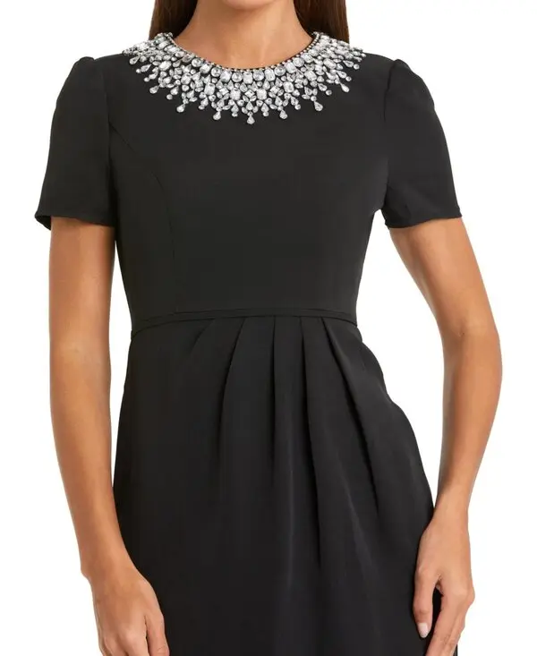 Mac Duggal Petite Short Sleeve Rhinestone Neckline Midi Dress