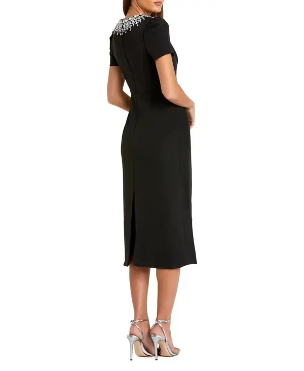 Mac Duggal Petite Short Sleeve Rhinestone Neckline Midi Dress