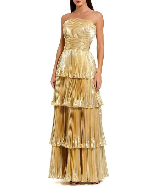 Mac Duggal Strapless Pleated Metallic Layered Gown