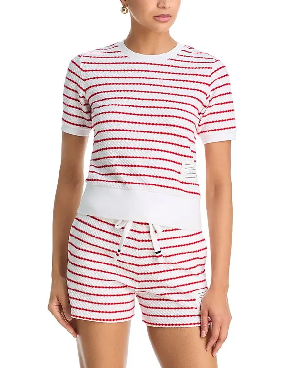 Thom Browne Striped Textured Honeycomb Short Sleeve T-shirt - White/red