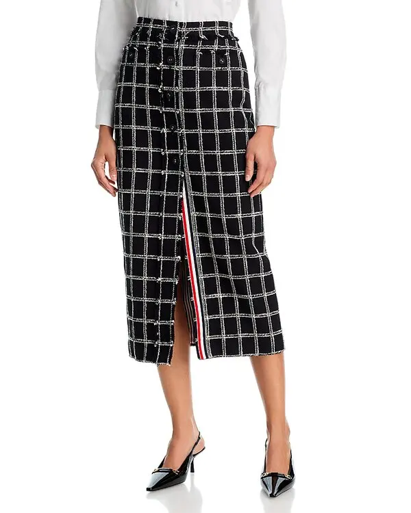 Thom Browne Windowpane Houndstooth Tweed High Waisted Button Front Skirt - Black