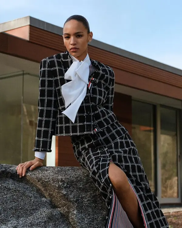 Thom Browne Windowpane Houndstooth Tweed High Waisted Button Front Skirt