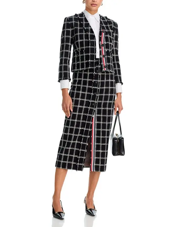 Thom Browne Windowpane Houndstooth Tweed High Waisted Button Front Skirt