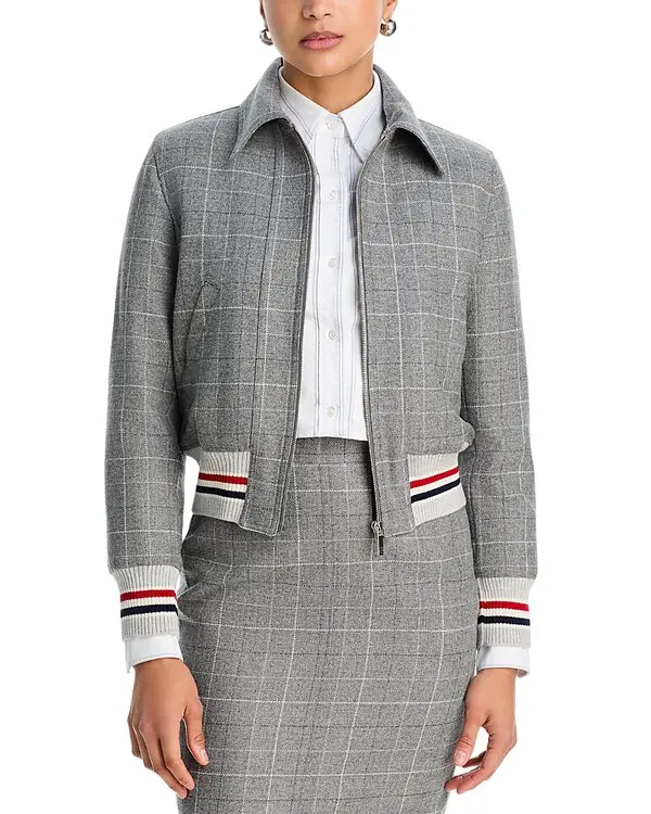 Thom Browne Down-filled Windowpane Tweed Cropped Flight Jacket - Medium Grey