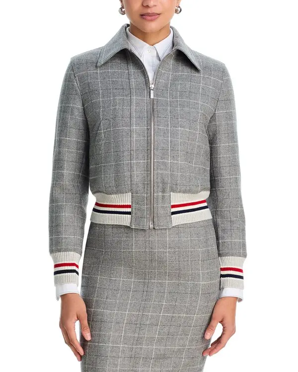 Thom Browne Down-filled Windowpane Tweed Cropped Flight Jacket - Medium Grey