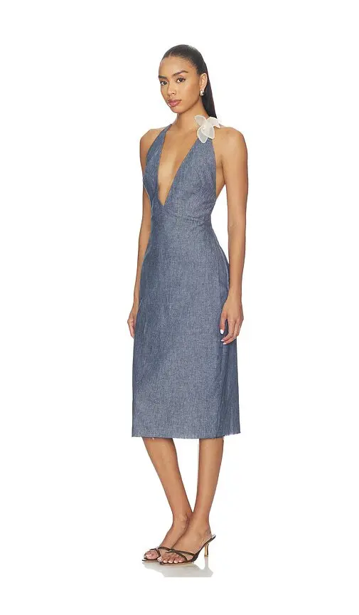 MILKWHITE Midi V-neck Dress With Flower Detail In Blue - Denim